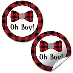 little man bow tie buffalo plaid suspenders baby sprinkle baby shower thank you sticker labels for boys, 40 2" party circle stickers by amandacreation, great for party favors, envelope seals & goodie