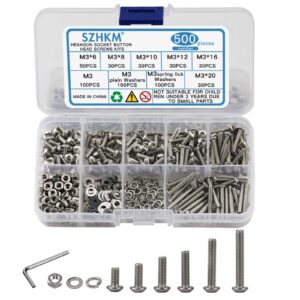 szhkm 500pcs m3 nuts and bolts assortment stainless steel machine screws metric m3 screws and nuts set hex m3 bolt kit with wrench