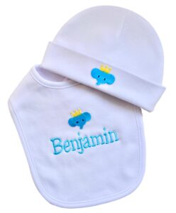 funny girl designs personalized elephant baby bib with embroidered name and matching cotton hat baby shower keepsake gift set (blue set)