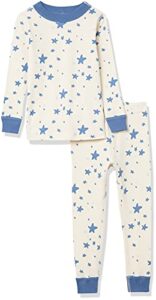 moon and back by hanna andersson unisex toddlers' organic cotton long-sleeve top and bottom pajama set, blue ecru stars, 2t