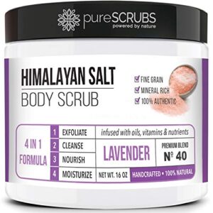 purescrubs premium pink himalayan salt body scrub set - large 16oz lavender scrub, organic essential oils & nutrients includes wooden stirring spoon, loofah & mini exfoliating bar soap