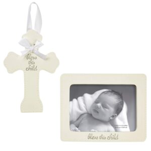 c.r. gibson resin baby cross and ''bless this child'' baby photo frame set, frame measures 5.5'' x 7'' and cross measures 4.5'' x 6.75''