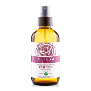 alteya organics rose water usda certified organic facial toner, 8 fl oz/240ml pure bulgarian rosa damascena flower water, award-winning moisturizer amber glass spray bottle