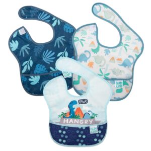 bumkins bibs for girl or boy, superbib baby and toddler for 6-24 months, essential must have for eating, feeding, baby led weaning supplies, mess saving, 3-pk hangry, dinosaurs, and blue tropic