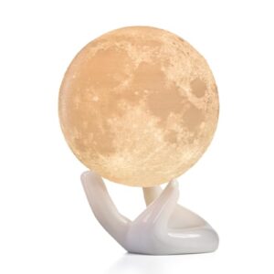 mind-glowing moon lamp with ceramic hand stand - warm & lunar white colors, touch control - cool night light for living room, bedroom - unique gift for women (3.5 inch)