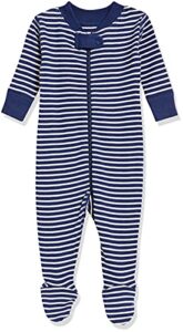 moon and back by hanna andersson unisex babies' one-piece organic cotton long-sleeve footed pajamas, navy stripe, 12-18 months