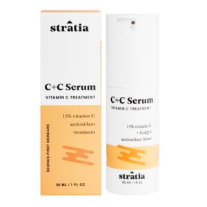 stratia c+c serum, 15% vitamin c with 10% l-ascorbic acid, non-irritating, water-free formula, anti-aging, benefits, 1 fl oz