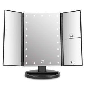 deweisn tabletop mount trifold lighted vanity mirror with 21 led lights, touch screen and 3x/2x/1x magnification, two power supply mode make up mirror,travel mirror