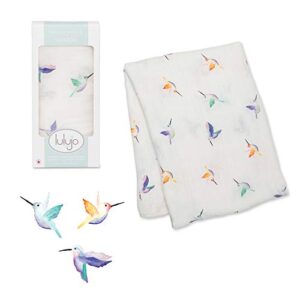 lulujo baby swaddle blanket| unisex softest bamboo viscose muslin swaddle blanket| neutral receiving blanket for girls & boys 47in x 47in hummingbird