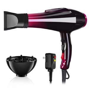 hair dryer professional blow dryer negative ions 3500w powerful fast drying low noise long cord quick dryer with nozzle and diffuser hair blow dryer with 2 speed and 3 heat settings (purple-2)