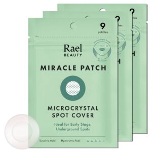 rael pimple patches, miracle microcrystal spot cover - hydrocolloid acne patch with tea tree oil, early stage zits and blemish, korean skin care, vegan, cruelty free (27 count)