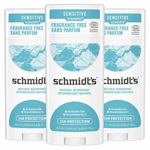 schmidt's aluminum free natural deodorant for women and men, fragrance free for sensitive skin with 24 hour odor protection, certified cruelty free, vegan deodorant, 3.25oz, 3 pack