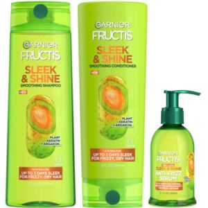 garnier fructis sleek & shine shampoo, conditioner + anti-frizz serum set for frizzy, dry hair, argan oil (3 items), 1 kit (packaging may vary)