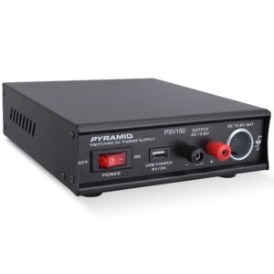 pyramid universal compact bench power supply- 12amp variable linear regulated home lab benchtop ac-dc power converter - usb port,cigarette lighter,115/230v ac,screw terminal,cooling fan - psv150,black