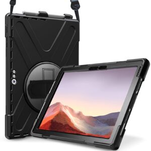 procase surface pro 7 plus/pro 7 / pro 6 / pro 5 / pro 4 / pro lte case, full body protective case, 360 degree rotatable heavy-duty cover with hand strap, shoulder belt and kickstand -black