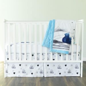 jumpoff jo - 3 piece crib bedding set for boys and girls, fitted crib sheet, crib skirt, & hypoallergenic quilt - microfiber baby nursery bedding - mama bear blue