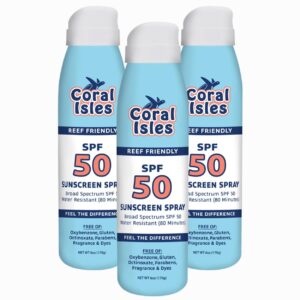 coral isles reef safe sunscreen spray spf 50 - broad spectrum uva/uvb protection - octinoxate & oxybenzone free - hawaii compliant - non-greasy, fragrance free - water resistant - 6 fl oz 3 pack