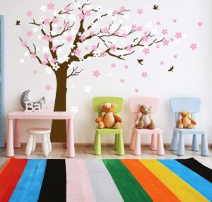 aiyang large cherry tree wall decals white pink cherry blossom flower tree branch wall stickers baby nursery bedroom living room decoration (brown)