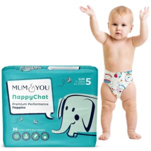 mum & you nappychat premium performance eco diapers, size 5 (36 diapers) smart tube technology leak protection. 100% recyclable. hypoallergenic, dermatologically-tested. no lotion, perfume or dyes.