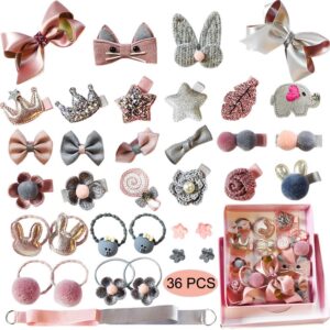 baby girl's hair clips cute hair bows baby elastic hair ties hair accessories ponytail holder hairpins set for baby girls teens toddlers, assorted styles, 36 pieces pack(pink+grey)