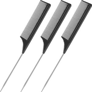 3 packs rat tail comb steel pin rat tail carbon fiber heat resistant teasing combs with stainless steel pintail (black)