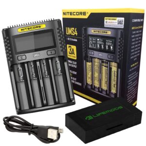 lifemods nitecore ums4 usb universal 4-port speedy smart charger for li-ion/ni-mh/ni-cd/imr 26650 22650 21700 20700 18650 18490 18350 17670 17500 17335 16340 rcr123 14500 aa aaa c d w battery case