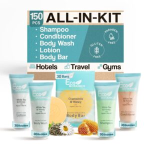 eco botanics hotel soaps & toiletries bulk set | 1-shoppe amenities kit | 0.85oz shampoo & conditioner, body wash, lotion, 0.89oz bar soap | travel size | 150 pieces