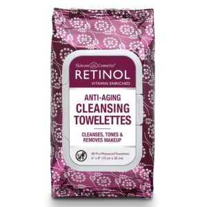 retinol anti-aging cleansing towelettes – all-in-one cleanser, toner & makeup remover in a convenient pre-moistened wipe – on-the-go exfoliating, toning & hydrating leaves skin clean, fresh & refined