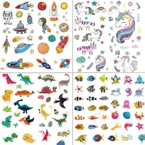 250pcs temporary tattoos for kids birthday party - featured 4 series of cute waterproof tattoos for boys girls, dinosaurs,spaceships,fish,unicorn