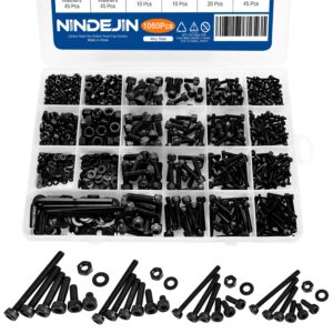 nindejin m2 m3 m4 m5 hex socket head cap screw bolts nuts and washer assortment kit, 1060 pcs black machine screws set, 12.9 carbon steel metric small parts with 4 pieces allen wrenches