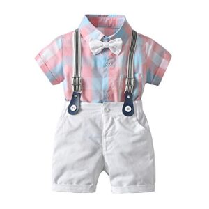 baby boys gentleman outfits suits, infant short sleeve shirt+bib pants+bow tie overalls clothes set pink