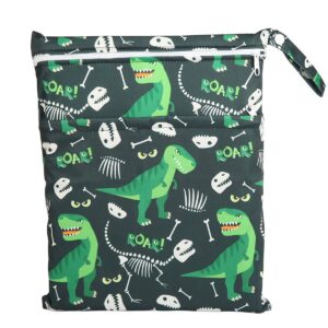 sigzagor wet bag baby cloth diaper nappy bag reusable with two zippered pockets boys (green dinosaur)