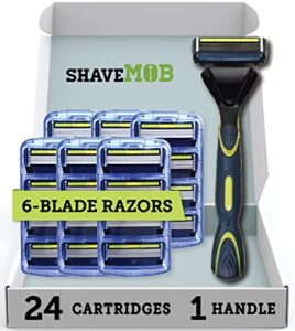 shavemob 6-blade men's razor kit (flex head handle + 24 refills) (no trimmer)- the caveman shaving kit