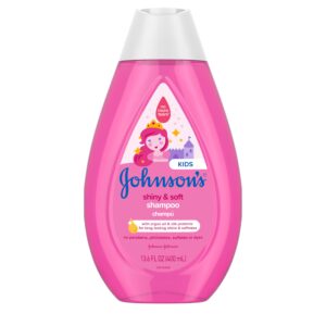 johnson's kids shiny & soft tear-free kids' shampoo with argan oil & silk proteins, hair wash gently cleanses & boosts natural shine & softness, hypoallergenic, sulfate-free, 13.6 fl. oz