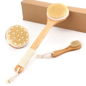 bath body brush set for wet or dry brushing - natural detoxifying facial brush & long handle body brush - exfoliating dry skin, stimulate blood circulation - set of 3