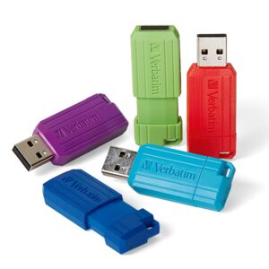 verbatim 32gb pinstripe usb 2.0 flash drive retractable thumb drive - 5 pack - multicolor (green, blue, red, purple, cyan)