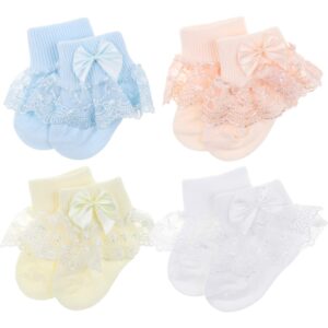 bqubo baby girls socks eyelet ruffle lace sock cute bow-knot socks newborn/infant/toddlers/kids frilly summer thin dress sock