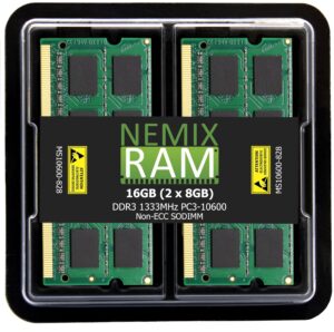 nemix ram 16gb (2x8gb) ddr3 1333mhz pc3-10600 2rx8 1.35v 204-pin non-ecc sodimm kit compatible with macbook pro laptop imac memory