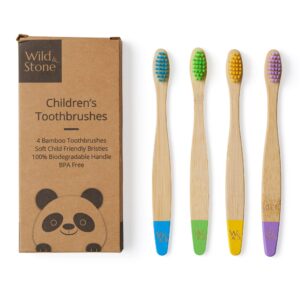 wild & stone | organic children's bamboo toothbrush | 4 pack | soft fibre bristles | 100% biodegradable handle | bpa free | vegan eco friendly kids toothbrushes (multicolor)