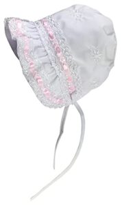 n'ice caps baby girls bonnet white lace newborn infant toddler sun hat special occasion (white with pink ribbon, newborn)