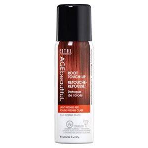 age beautiful root touch up hair color spray | touch-up gray concealer | temporary cover up | adds volume & covers thinning patches | water, sweat, stain resistant | light intense red | 2 fl oz