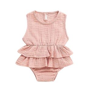 yoawdats newborn baby girl romper cotton linen bodysuits ruffle sleeve summer jumpsuit outfits clothes (0-6 months, y pink)