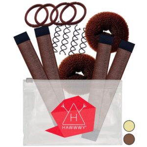 hawwwy 12-piece hair bun maker - easy fast bun tool, short long thin hair women girls kids toddler - hair accessories for women - brown large (2 donuts,2 magic snap & roll, 4 spin pins)