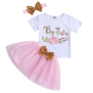 grnshts toddler baby kid girls big sister outfits short sleeve t-shirt top+tutu skirt with headband clothing set (pink, 2-3t)