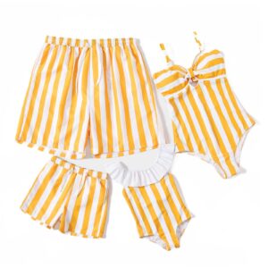 iffei family matching swimsuits mens swim trunks striped bathing suit hollow out mommy and me swimwear beachwear yellow men: m