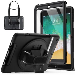 jetech case for ipad 9.7-inch (6th/5th generation, 2018/2017 model) with built-in screen protector, protective shockproof rugged tablet cover, 360° rotating hand strap stand (black)