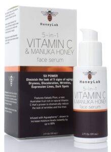 honeylab vitamin c face serum with hyaluronic acid, manuka honey and peptides. anti-aging serum contains marine extracts that soften the look of dark spots, wrinkles and fine lines. 2oz bottle.