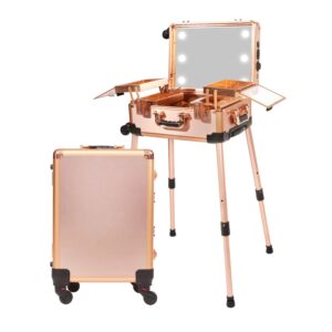 jula vance medium makeup train case with code lock, lighted mirror, speaker travel cosmetic organizer box, professional artist trolley studio free standing case