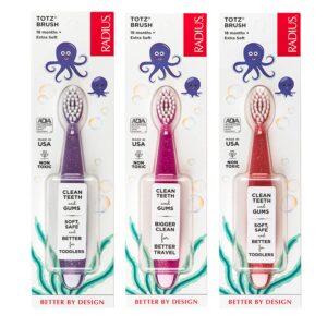 radius totz toothbrush extra soft brush bpa free & ada accepted designed for delicate teeth & gums for children 18 months & up - purple pink coral - pack of 3