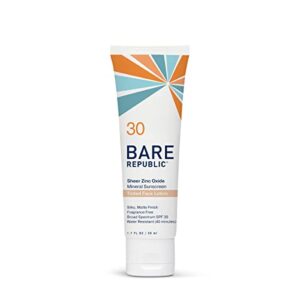 bare republic tinted mineral sunscreen spf 30 sunblock face lotion, sheer and non-greasy finish, 1.7 fl oz